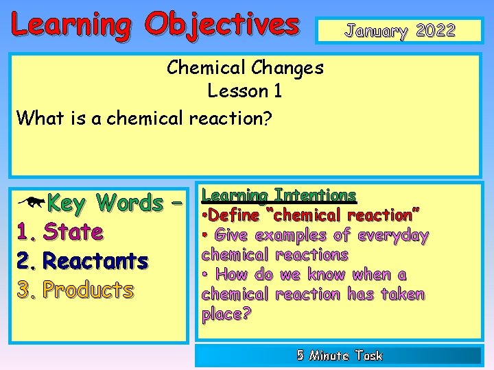 Learning Objectives January 2022 Chemical Changes Lesson 1