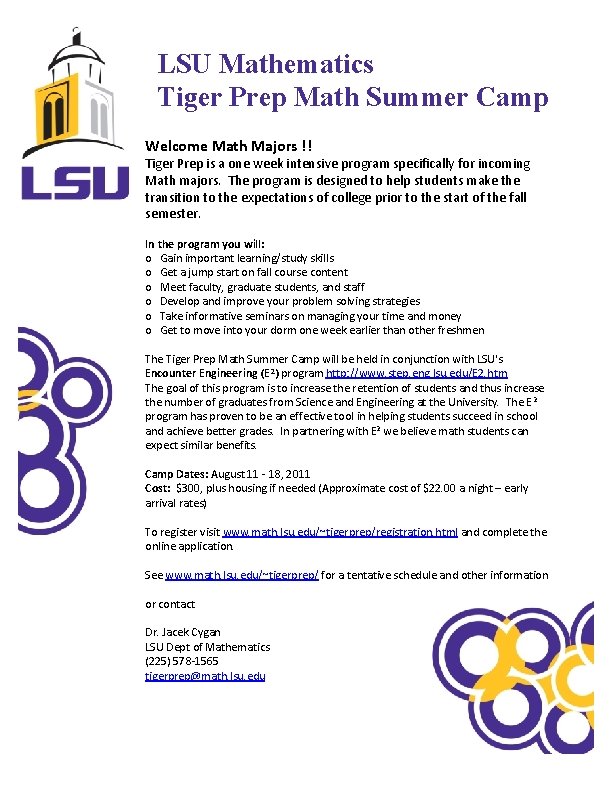 LSU Mathematics Tiger Prep Math Summer Camp Welcome