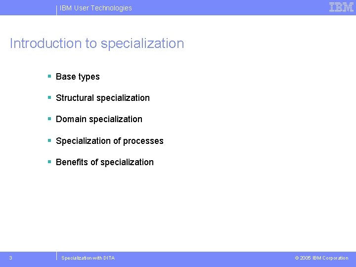 IBM User Technologies Specializing with DITA Michael Priestley
