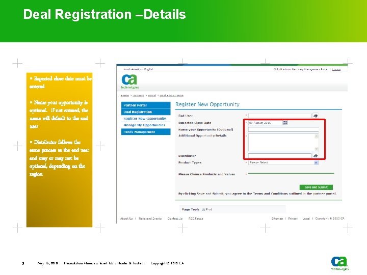 Deal Registration Entry and Submission August 2010 Deal