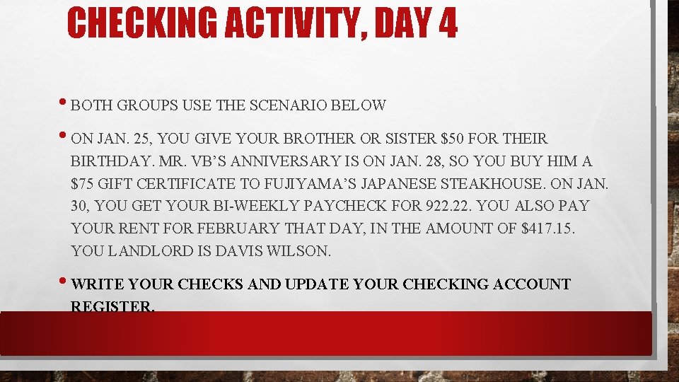 CHECKING ACTIVITY PICK UP A CHECKING ACTIVITY PACKET