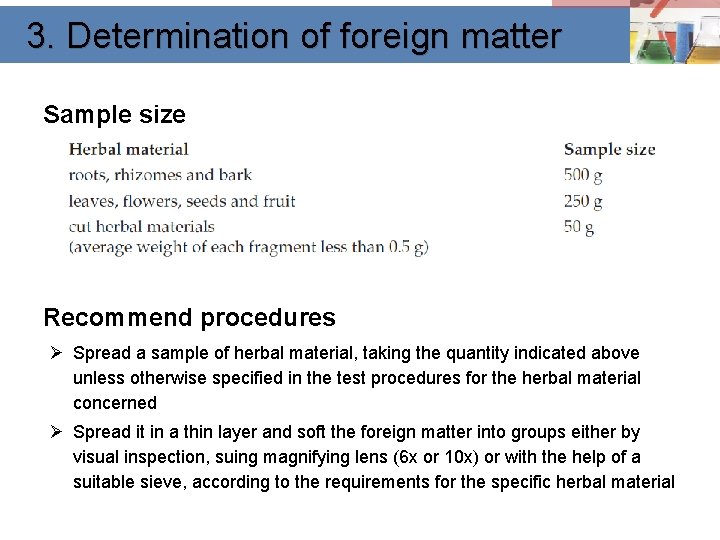 Organoleptic examination Determination of foreign matter Herbal Medicine
