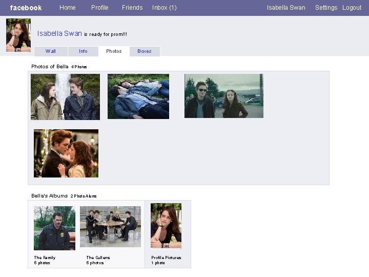 facebook Home Profile Friends Inbox 1 Isabella Swan