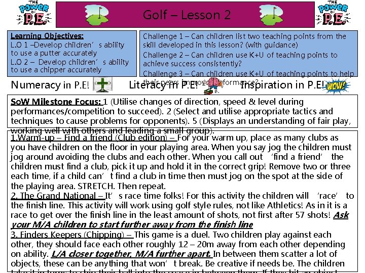 Golf Lesson 1 Learning Objectives L O 1