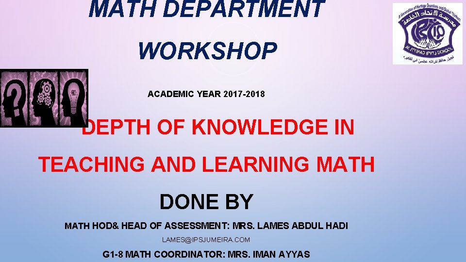 MATH DEPARTMENT WORKSHOP ACADEMIC YEAR 2017 2018 DEPTH