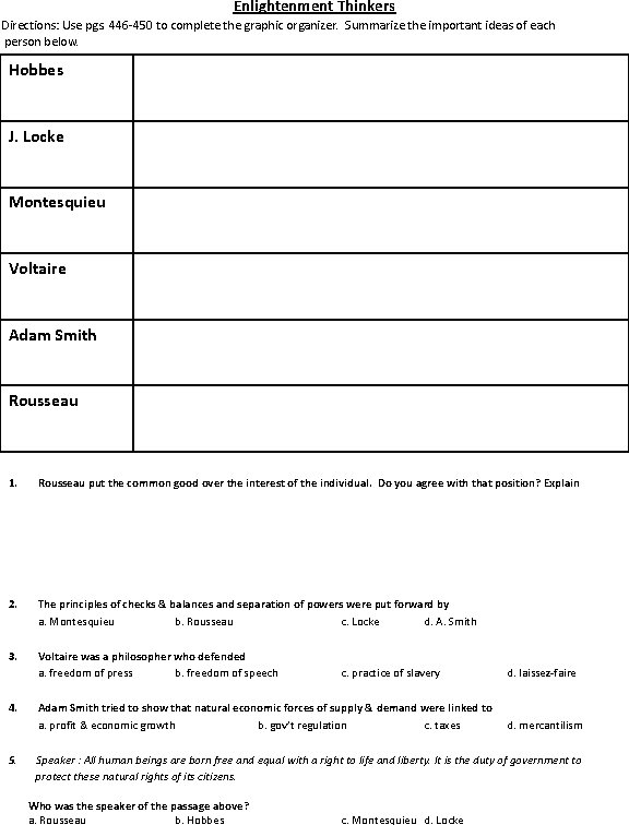 Enlightenment Thinkers Directions Use pgs 446 450 to