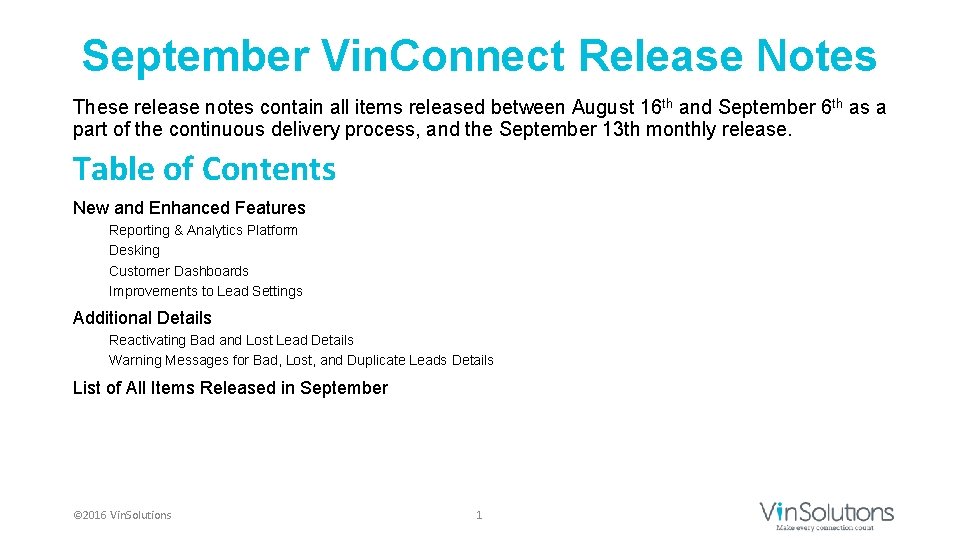 September Vin Connect Release Notes These release notes