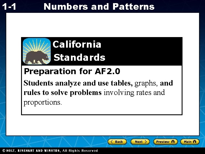 1 1 Numbers and Patterns California Standards Preparation