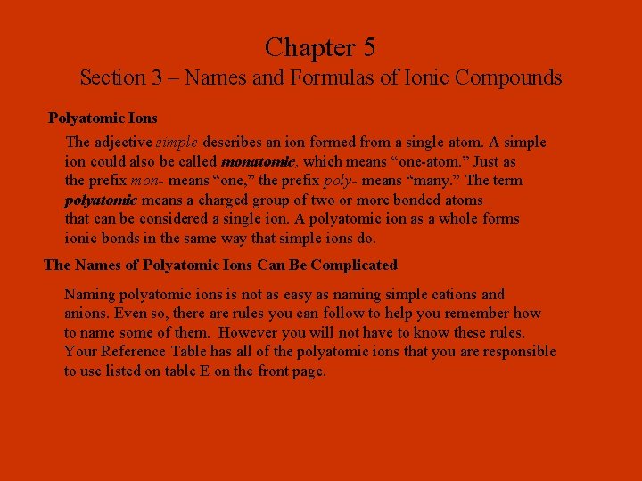 Chapter 5 Section 3 Names and Formulas of