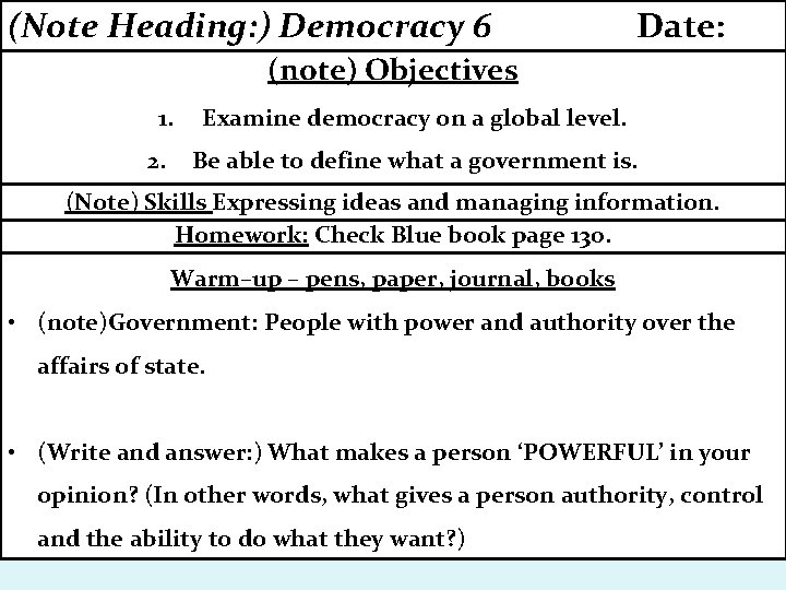 Note Heading Democracy 6 Date note Objectives 1