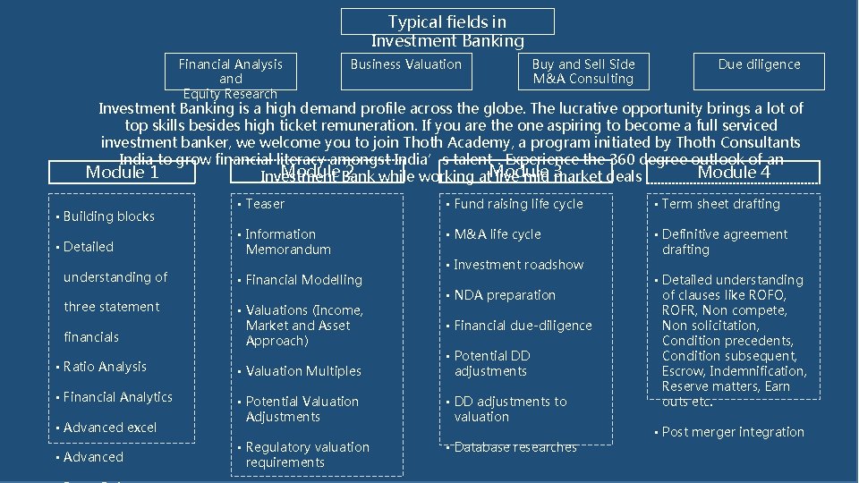 Typical fields in Investment Banking Financial Analysis and