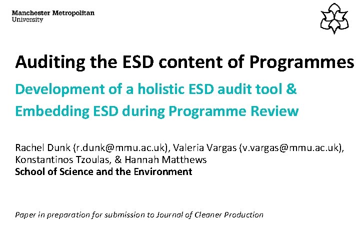 Auditing the ESD content of Programmes Development of