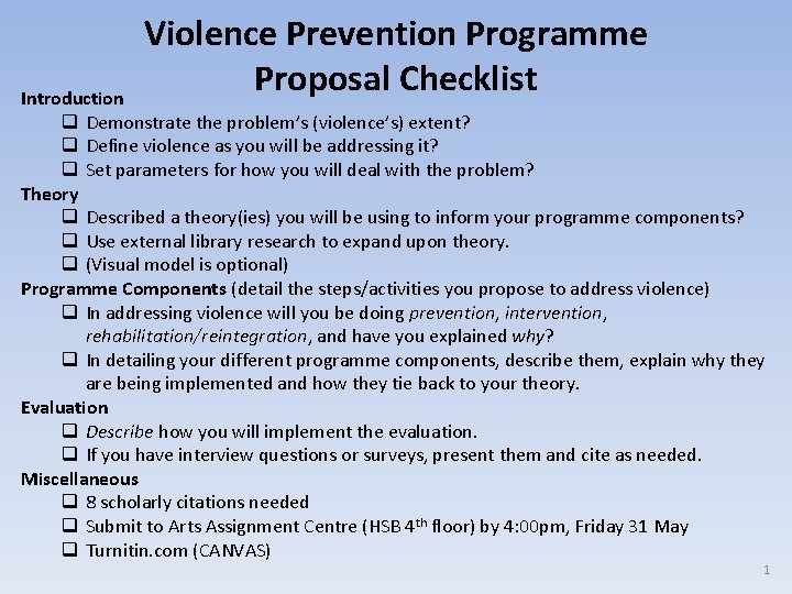 Violence Prevention Programme Proposal Checklist Introduction q Demonstrate