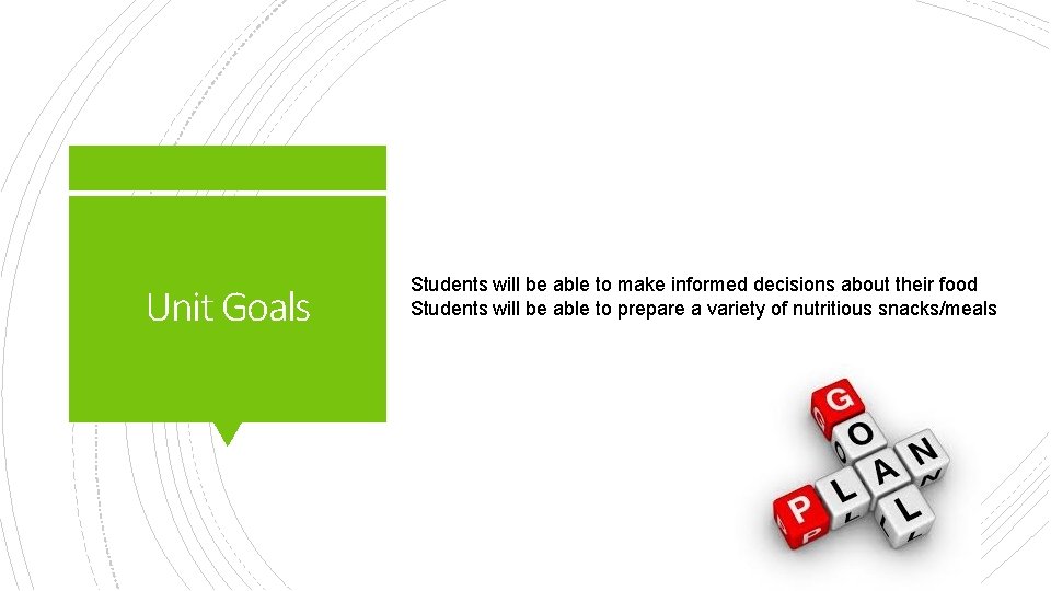 Nutrition Foods Unit Goals Students will be able