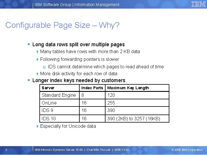 IBM Software Group Information Management Configurable Page Sizes