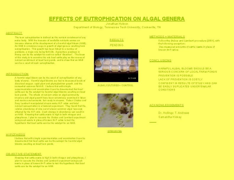 EFFECTS OF EUTROPHICATION ON ALGAL GENERA Jonathan Hutson