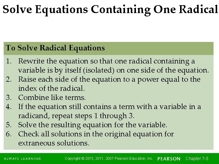 Chapter 7 Roots Radicals and Complex Numbers Copyright