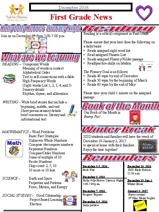 December 2016 First Grade News Join us on