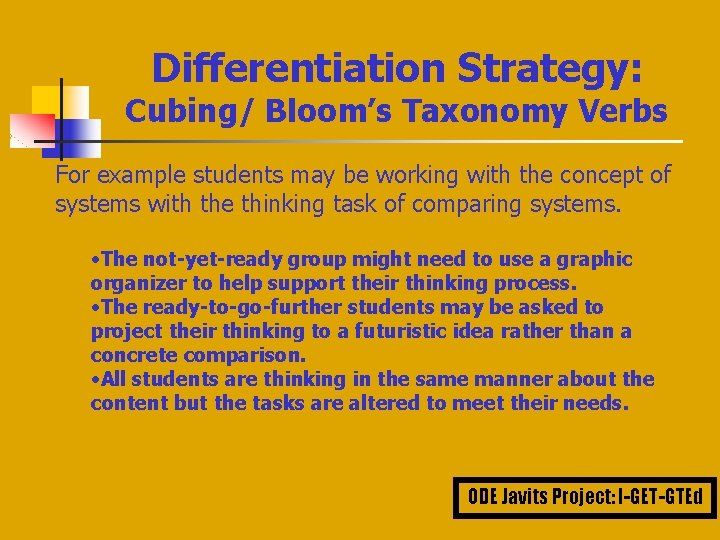Differentiation Strategy Explained CubingBlooms Taxonomy Verbs ODE Javits