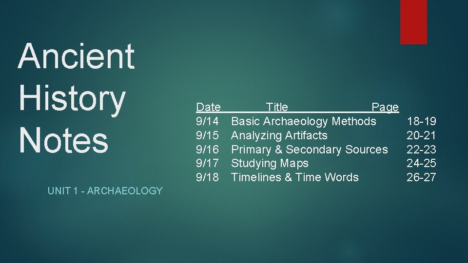 Ancient History Notes UNIT 1 ARCHAEOLOGY Date 914