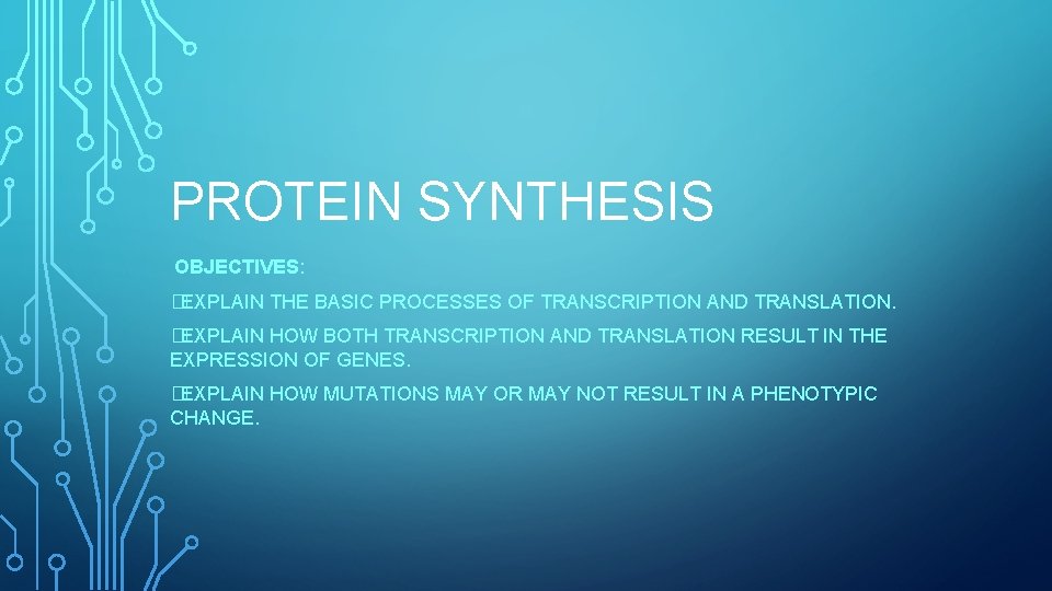 PROTEIN SYNTHESIS OBJECTIVES EXPLAIN THE BASIC PROCESSES OF