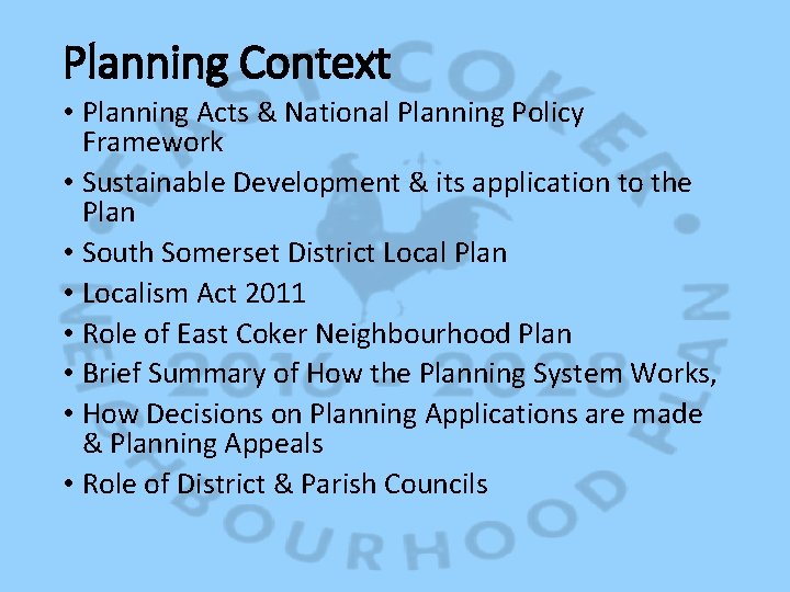 East Coker Neighbourhood Plan Possible Framework for the