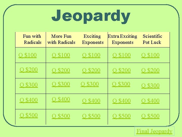 Jeopardy Fun with Radicals More Fun with Radicals