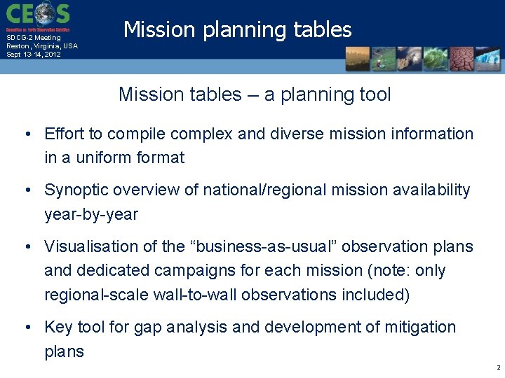 GFOI Space Data Acquisition Plan Mission planning tables