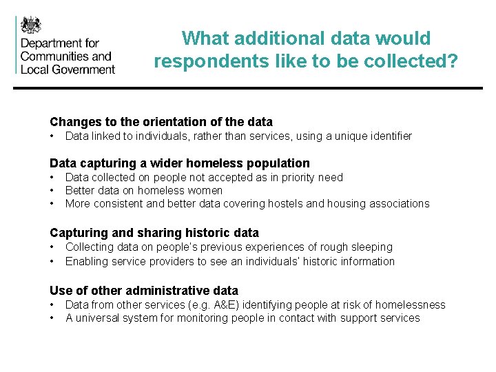 Data on single homelessness Survey responses a brief