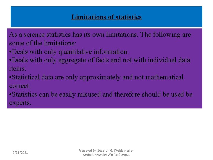 INTRODUCTION TO STATISTICS INSTRUCTOR Getahun G 9112021 Prepared
