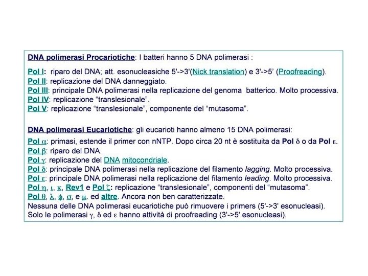 Replicazione del DNA problemi e soluzioni DNA polimerasi