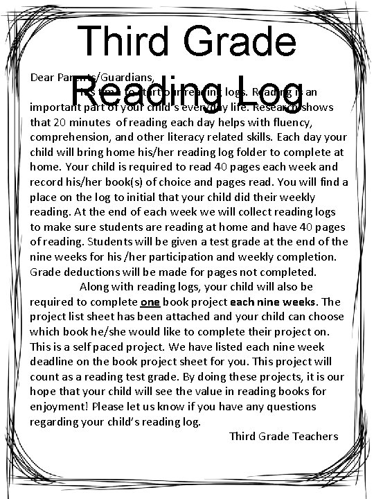 Third Grade Reading Log Dear ParentsGuardians Its time