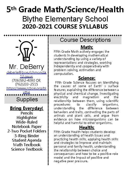5 th Grade MathScienceHealth Blythe Elementary School 2020