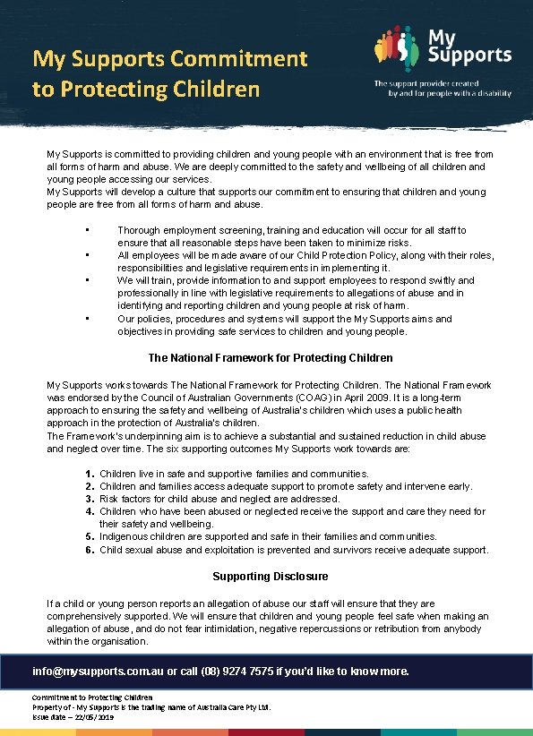 My Supports Commitment to Protecting Children My Supports