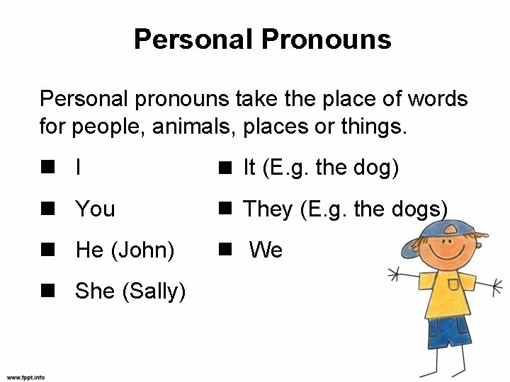 Personal Pronouns Personal pronouns take the place of