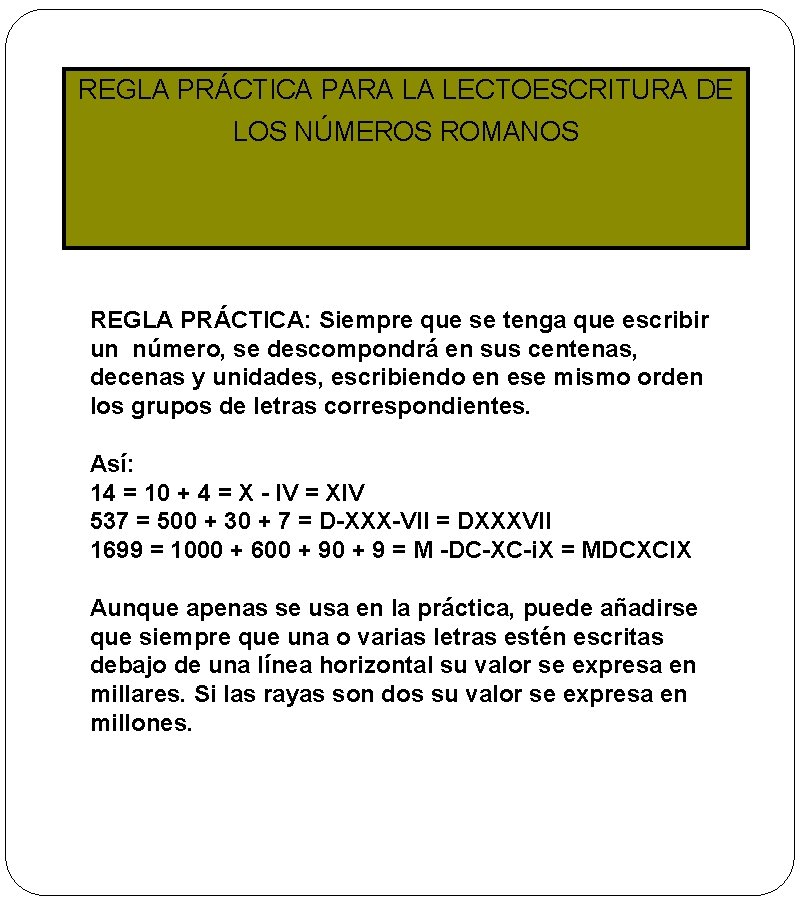 LOS NMEROS ROMANOS La siguiente tabla muestra los