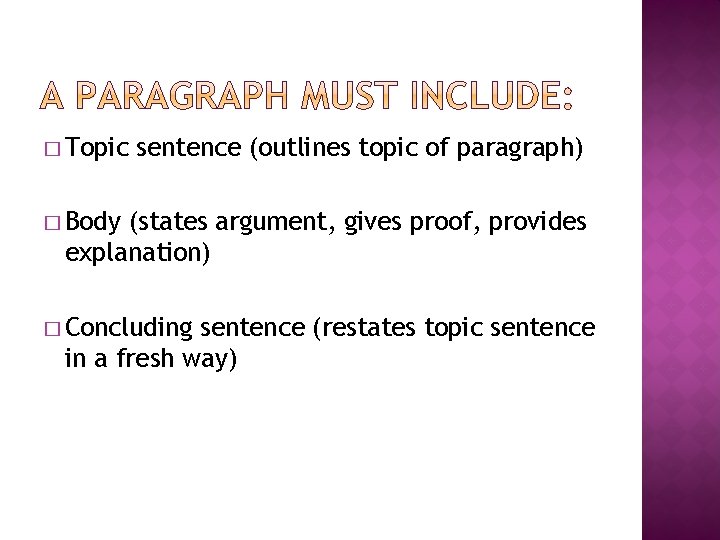 Topic sentence outlines topic of paragraph Body states