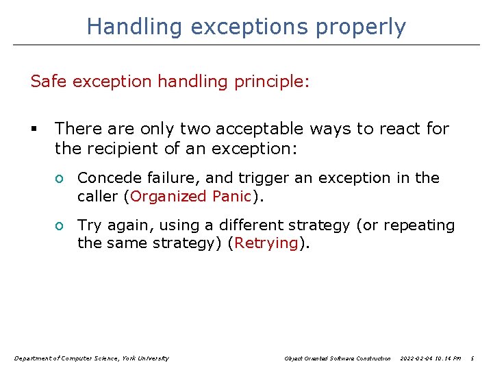 COSC 3311 Software Design by Contract Exceptions Department