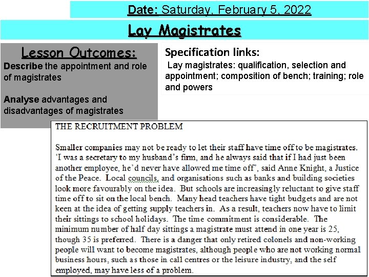 Date Saturday February 5 2022 Lay Magistrates Lesson