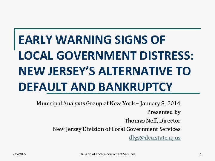 EARLY WARNING SIGNS OF LOCAL GOVERNMENT DISTRESS NEW