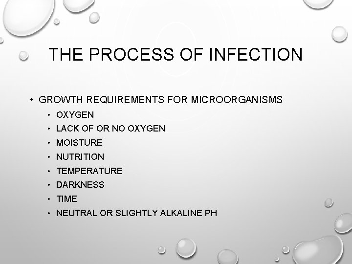 THE PROCESS OF INFECTION GROWTH REQUIREMENTS FOR MICROORGANISMS