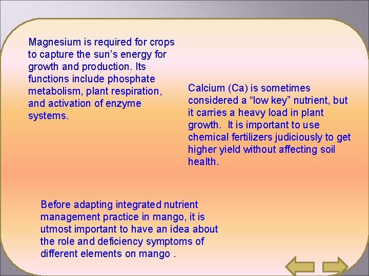 Role and deficiency symptoms of secondary in Mango
