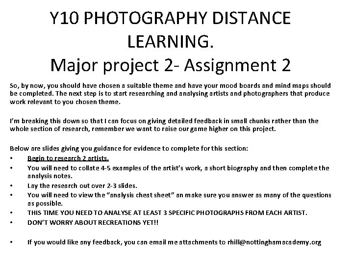 Y 10 PHOTOGRAPHY DISTANCE LEARNING Major project 2