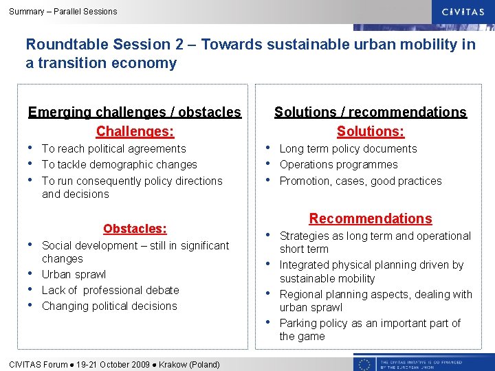 Summary Parallel Sessions Roundtable Session 1 Future urban