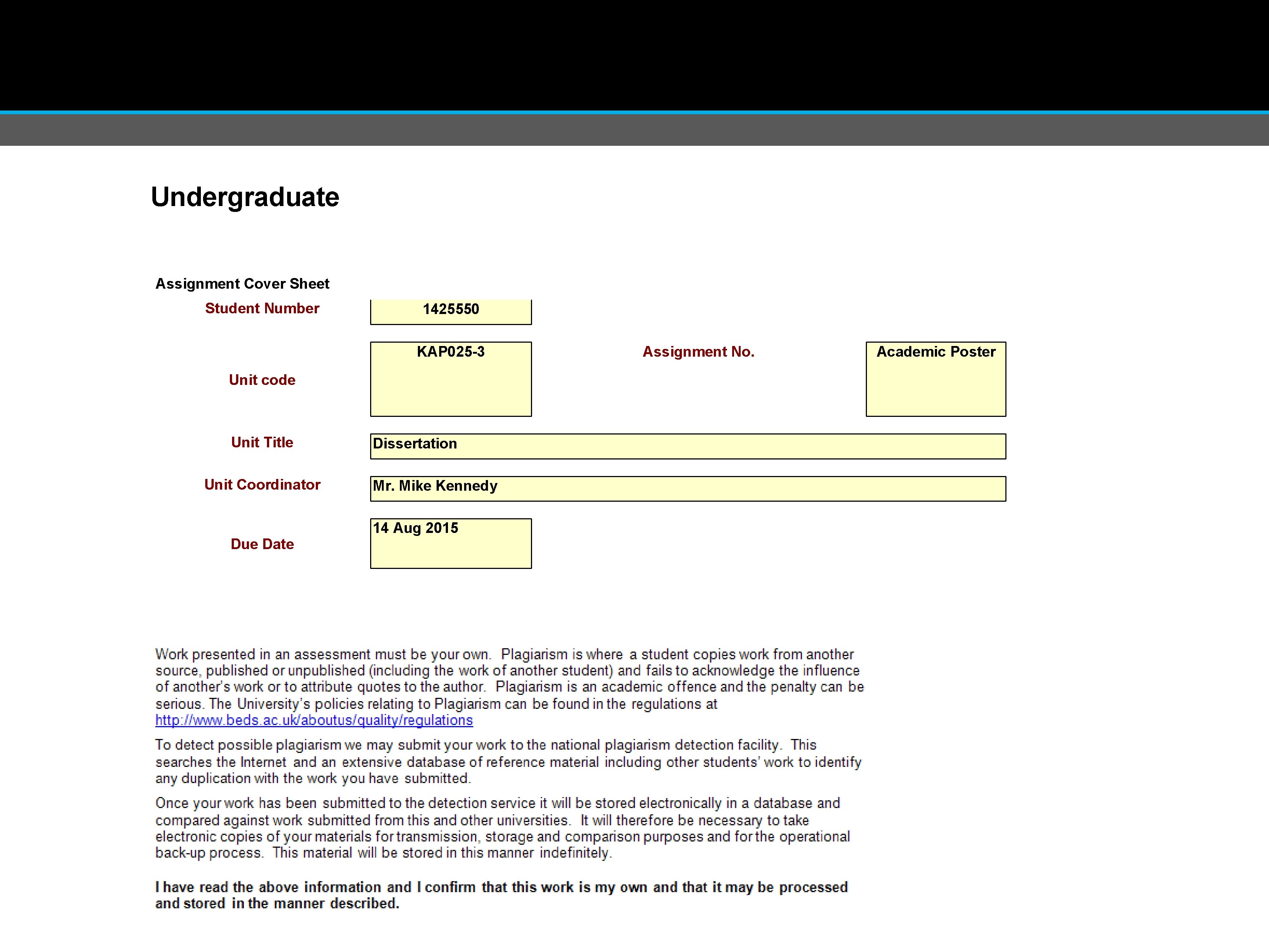 Undergraduate Assignment Cover Sheet Student Number 1425550 KAP
