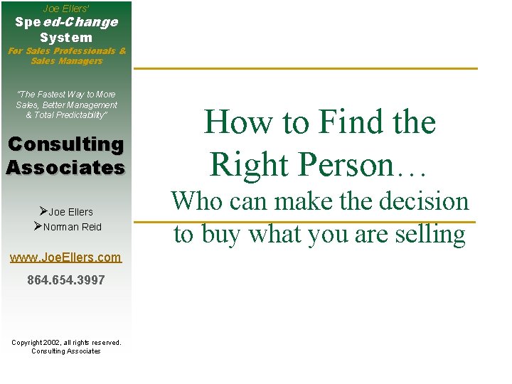 Joe Ellers SpeedChange System For Sales Professionals Sales