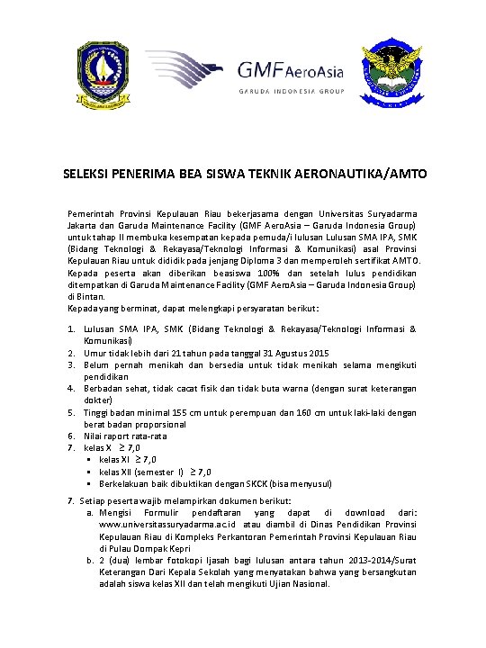 SELEKSI PENERIMA BEA SISWA TEKNIK AERONAUTIKAAMTO Pemerintah Provinsi