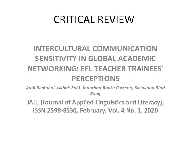 CRITICAL REVIEW INTERCULTURAL COMMUNICATION SENSITIVITY IN GLOBAL ACADEMIC