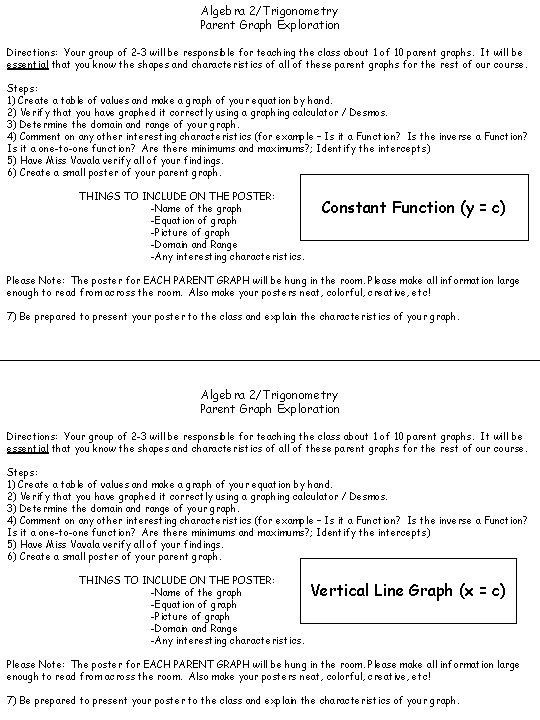 Algebra 2Trigonometry Parent Graph Exploration Directions Your group