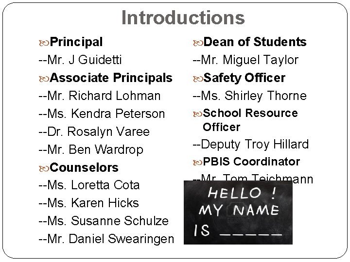 Introductions Principal Dean of Students Mr J Guidetti